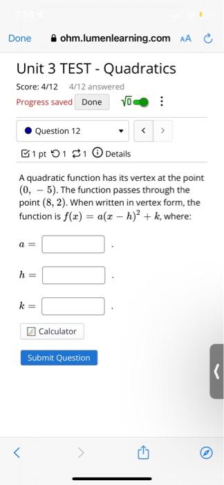 Solved A quadratic function has its vertex at the point | Chegg.com