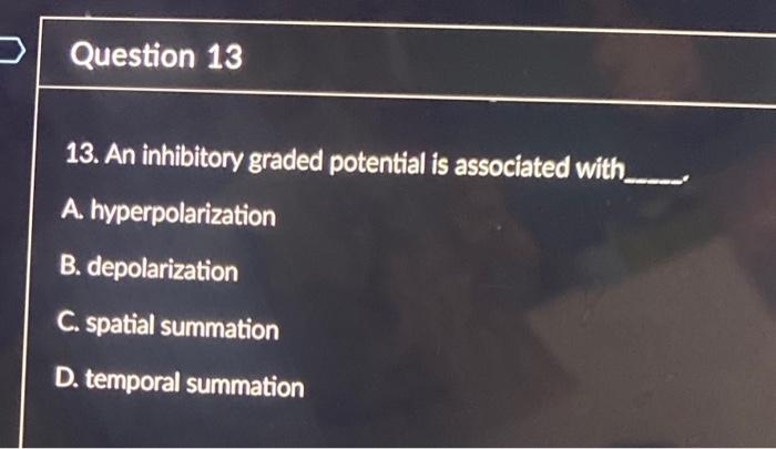 Solved 13. An inhibitory graded potential is associated with | Chegg.com