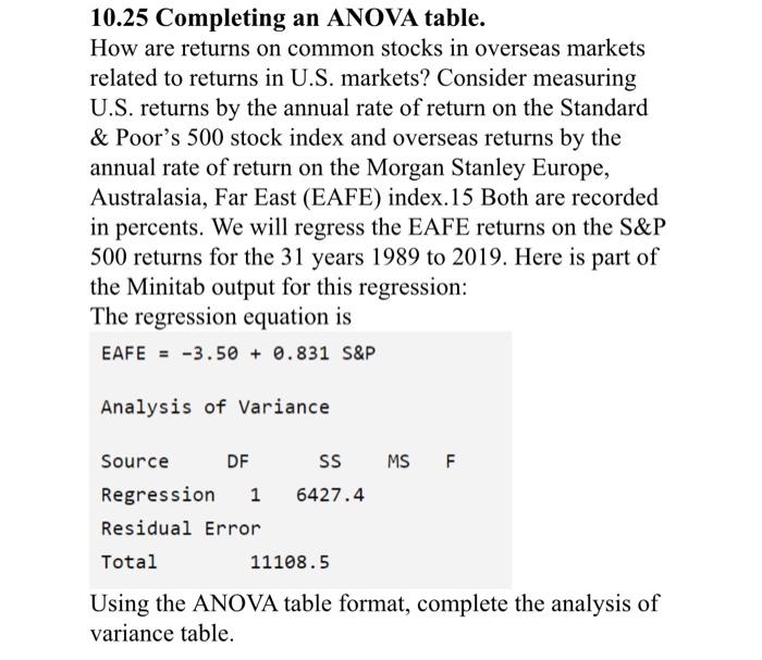 Solved 10.25 Completing an ANOVA table. How are returns on | Chegg.com