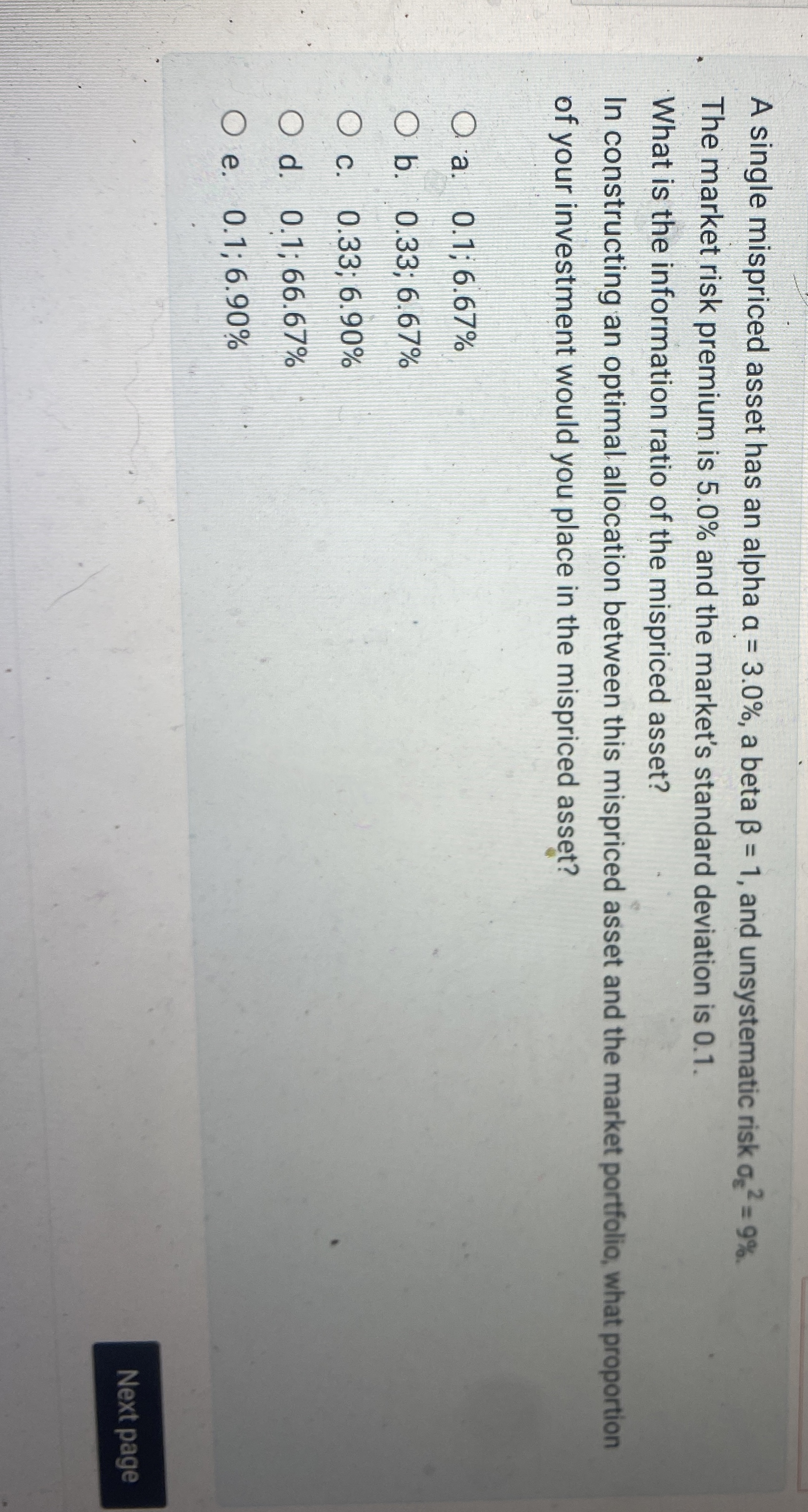 Solved A single mispriced asset has an alpha a=3.0%, ﻿a beta | Chegg.com