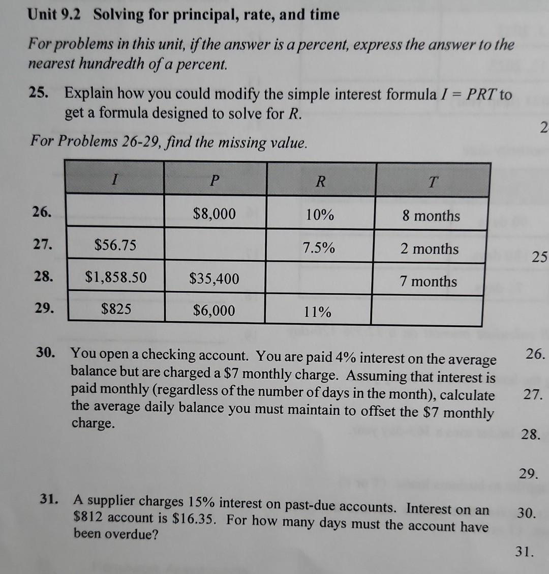 Solved Unit 9.2 Solving for principal, rate, and time For | Chegg.com
