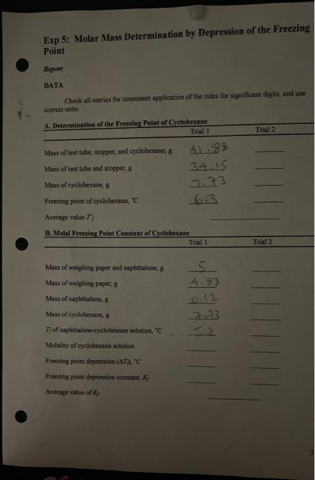 Solved Exp 5: Molar Mass Determination by Depression of the | Chegg.com