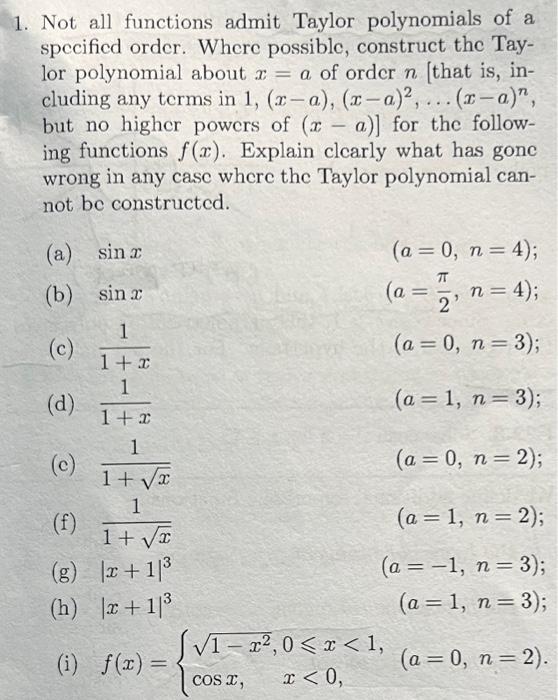 Solved 1. Not all functions admit Taylor polynomials of a | Chegg.com