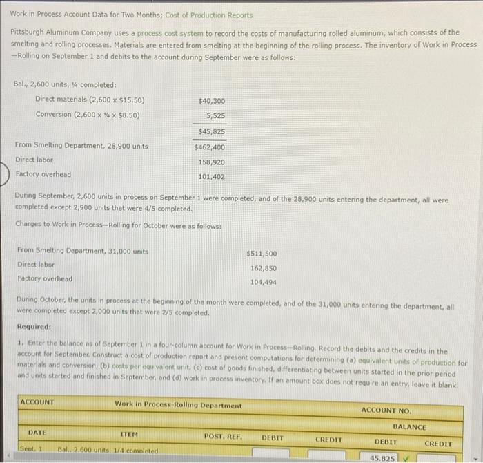 Solved Work in Process Account Data for Two Months; Cost of | Chegg.com