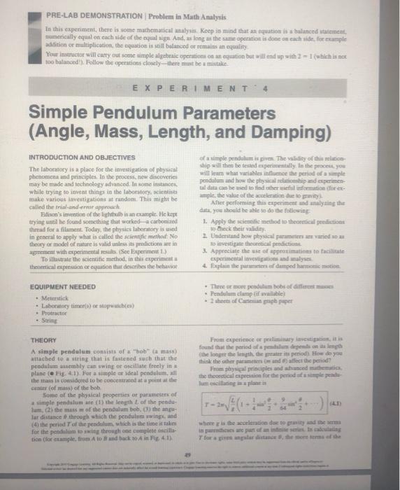Solved Simple Pendulum Parameters (Angle, Mass, Length, and | Chegg.com