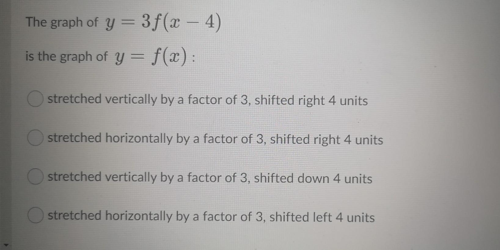 Solved The graph of y = 3f(x – 4) is the graph of y = f(x): | Chegg.com