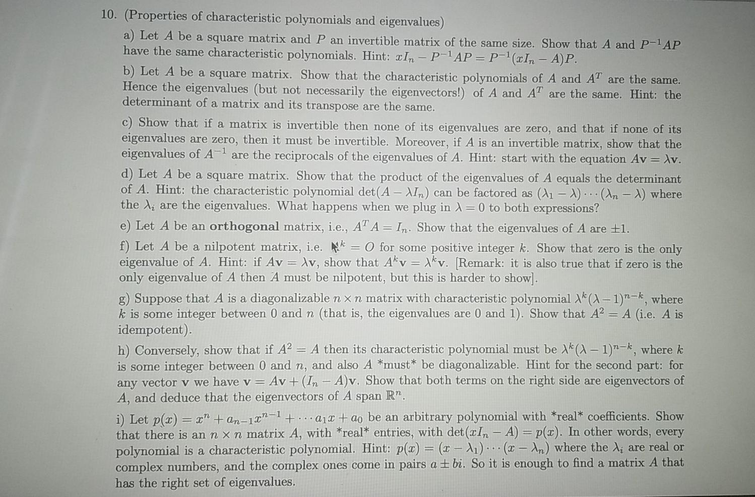 Solved 10. (Properties of characteristic polynomials and | Chegg.com