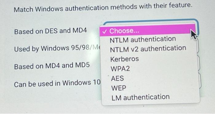 Solved Match Windows authentication methods with their | Chegg.com