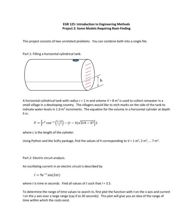 Solved EGR 125: Introduction to Engineering Methods Project | Chegg.com