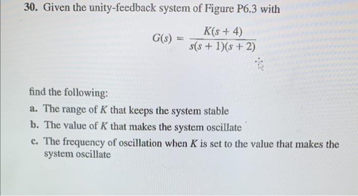 Solved 30. Given the unity-feedback system of Figure P6.3 | Chegg.com