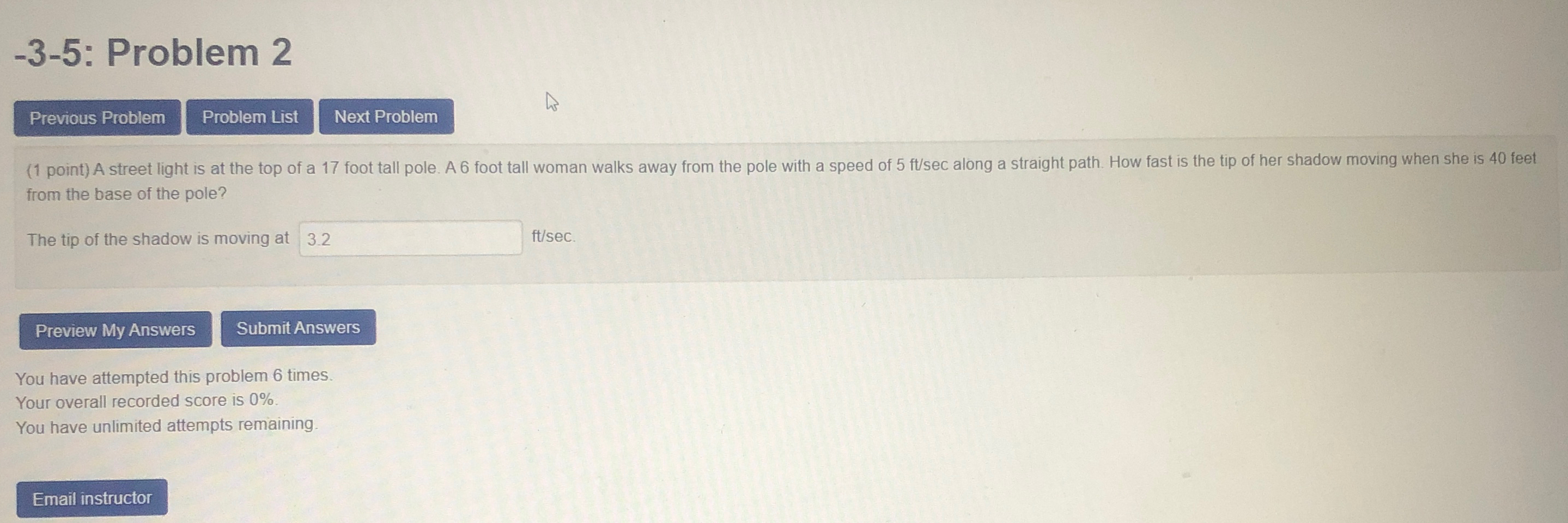 Solved -3-5 ﻿: Problem 2(1 ﻿point) ﻿A street light is at the | Chegg.com