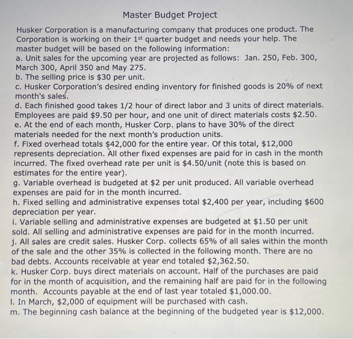 Solved Master Budget Project Husker Corporation is a | Chegg.com