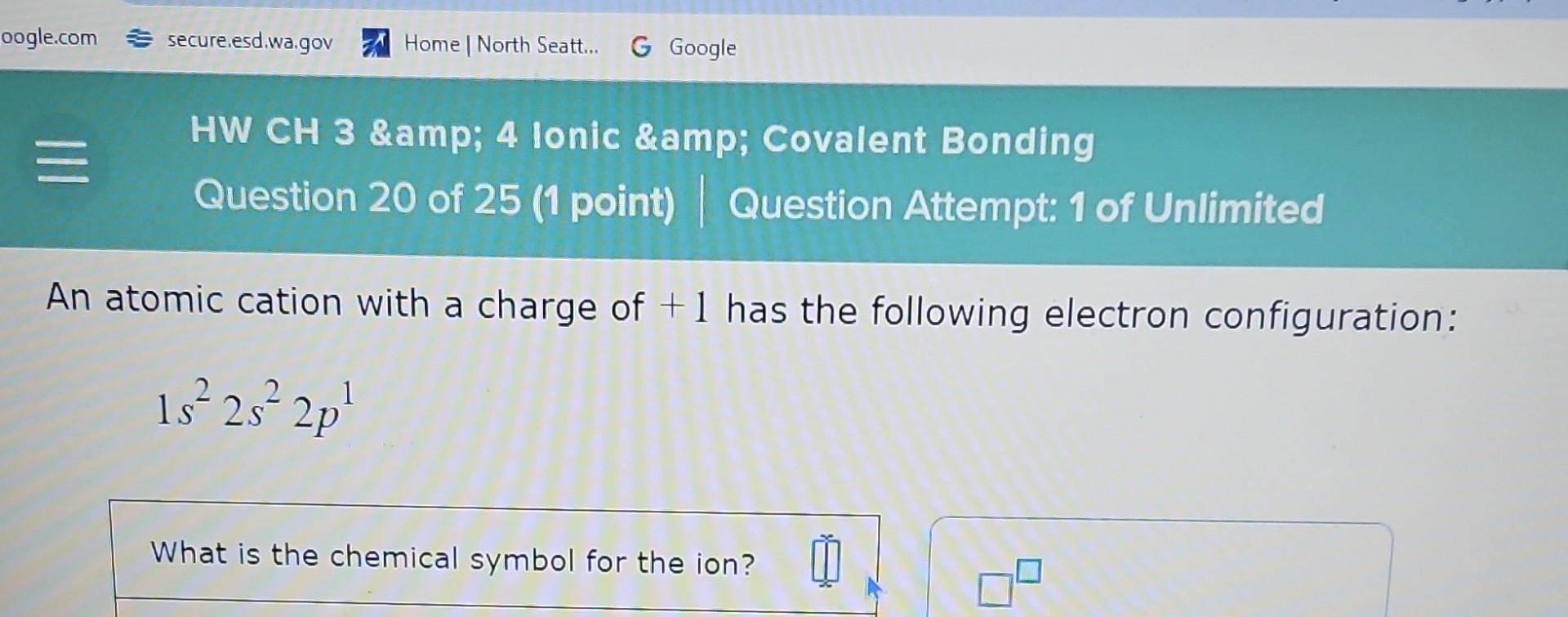 Solved An Atomic Cation With A Charge Of 1 Has The