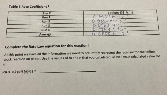 Solved Table 5 Rate Coefficient k Run # Run 1 Run 2 Run 3 | Chegg.com