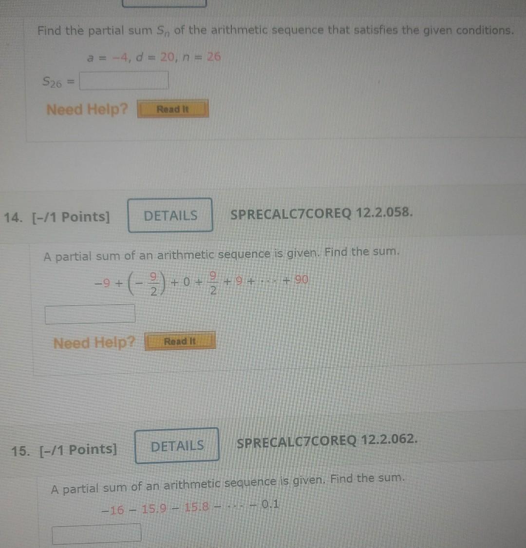 Solved Find the partial sum Sn of the arithmetic sequence | Chegg.com