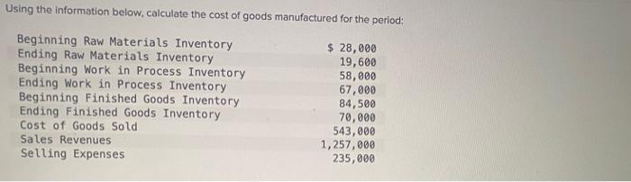 Solved Using the information below, calculate the cost of | Chegg.com