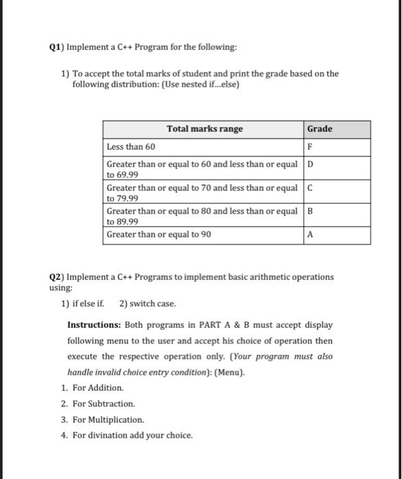 Solved Q1) Implement a C++ Program for the following: 1) To | Chegg.com