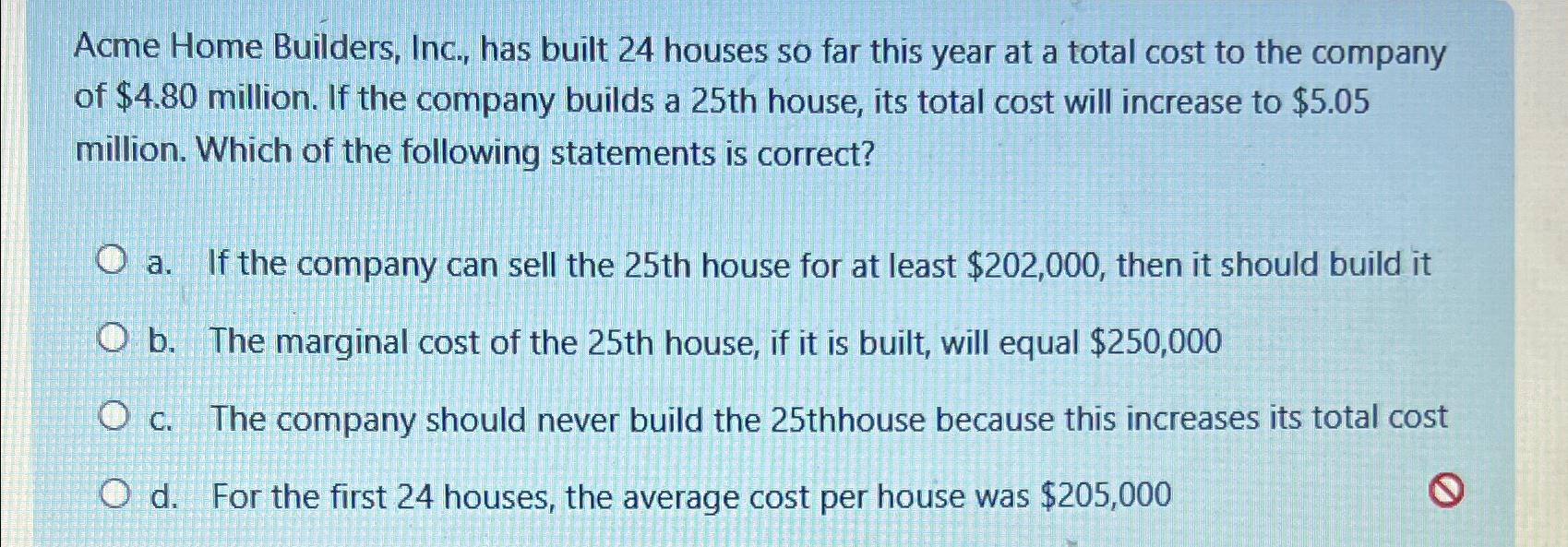 Solved Acme Home Builders, Inc., has built 24 ﻿houses so far | Chegg.com