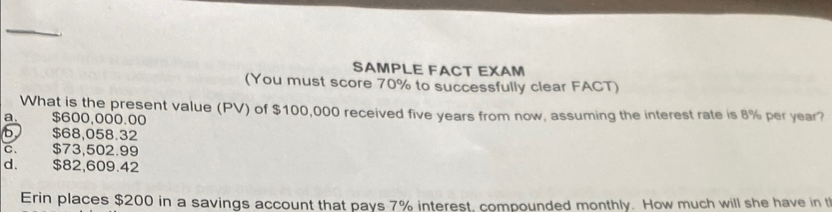Solved SAMPLE FACT EXAM(You must score 70% ﻿to successfully | Chegg.com