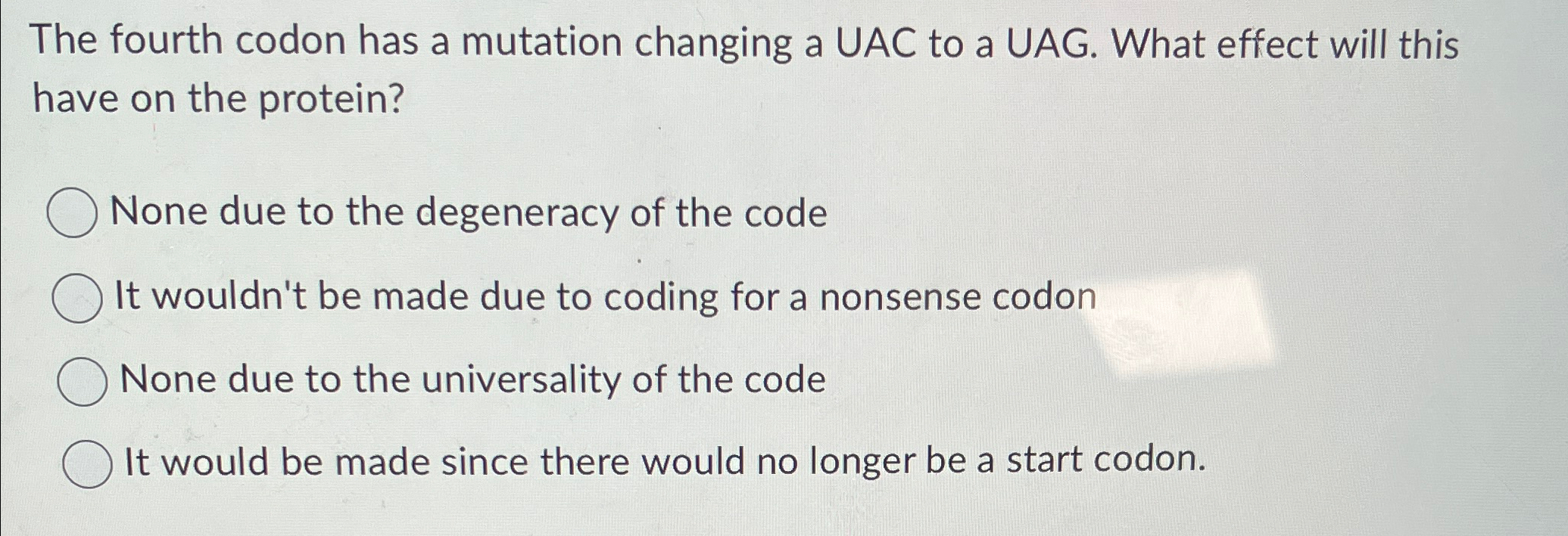 Solved The fourth codon has a mutation changing a UAC to a | Chegg.com