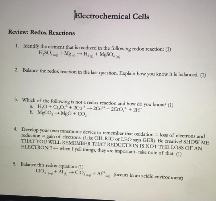Solved Electrochemical Cells Review: Redox Reactions 1. | Chegg.com