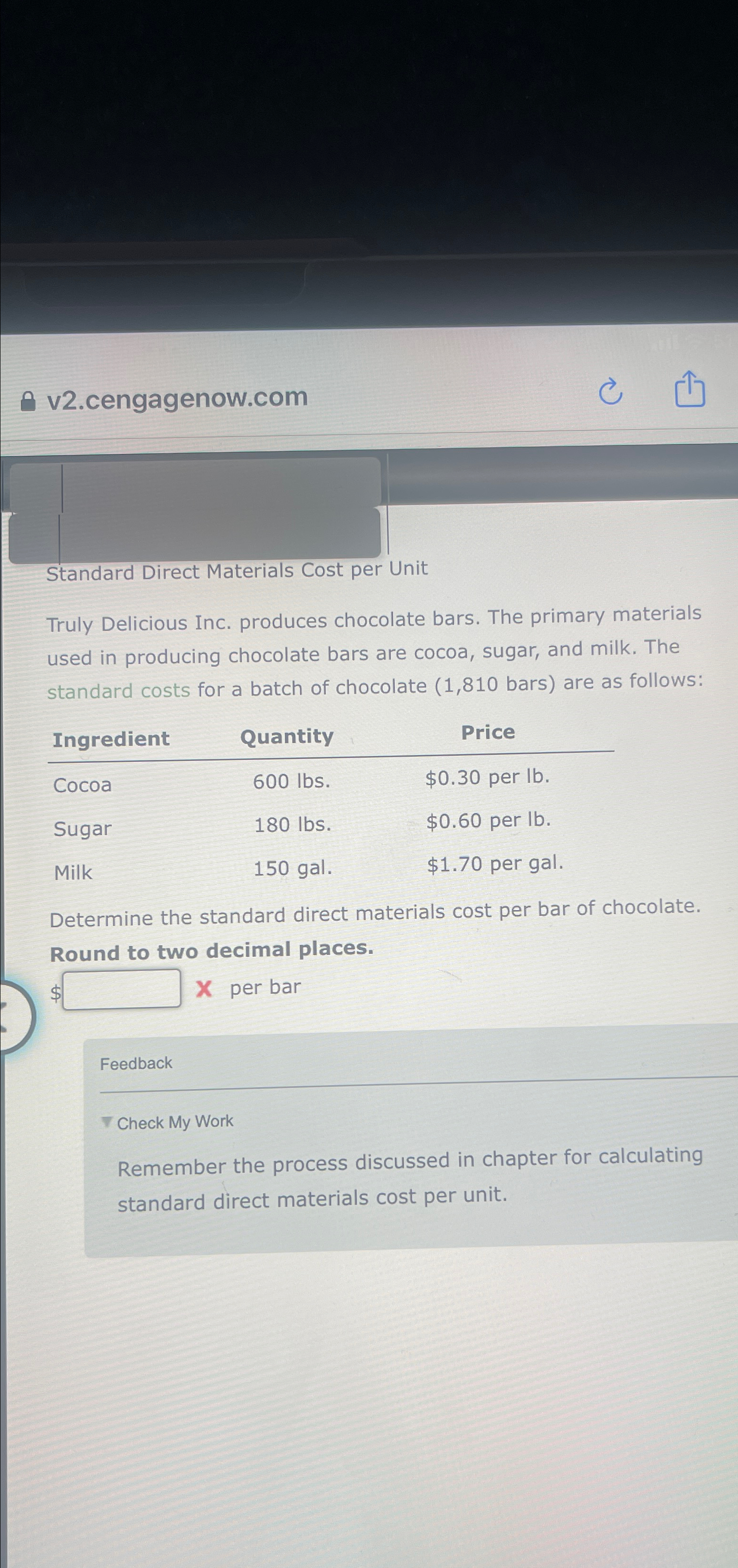 Solved v2.cengagenow.comStandard Direct Materials Cost per | Chegg.com