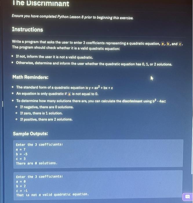 Solved The DIScriminant Ensure you have completed Python | Chegg.com