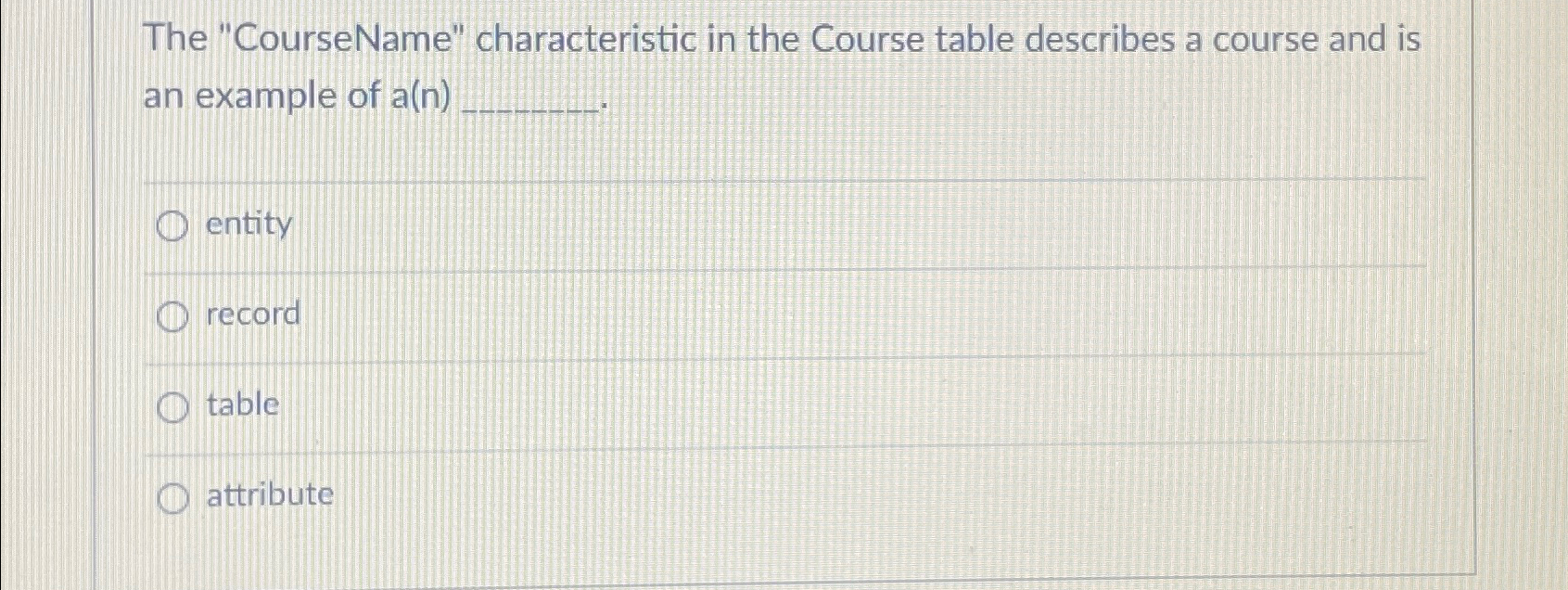 Solved The "CourseName" characteristic in the Course table | Chegg.com