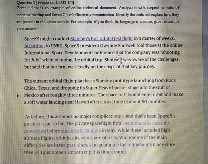 Question 2 [10 marks, CLO2-C4] Given below is an | Chegg.com