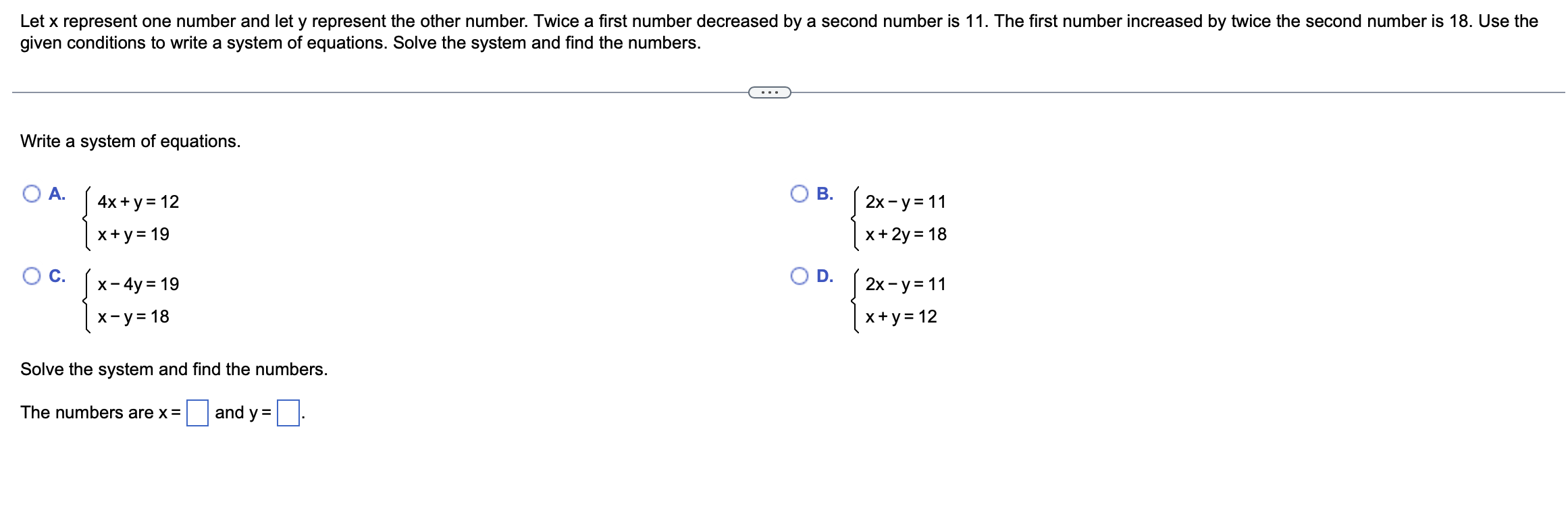 Solved Let x ﻿represent one number and let y ﻿represent the | Chegg.com