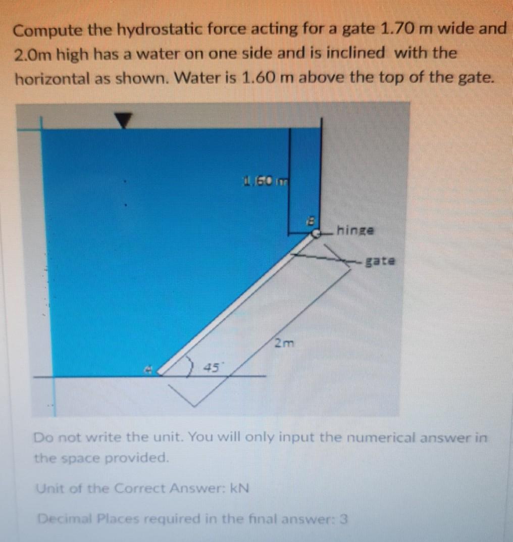 Solved Compute the hydrostatic force acting for a gate 1.70 | Chegg.com