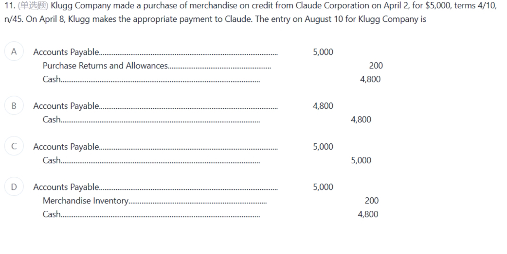 Solved (单选题) ﻿Klugg Company made a purchase of merchandise | Chegg.com