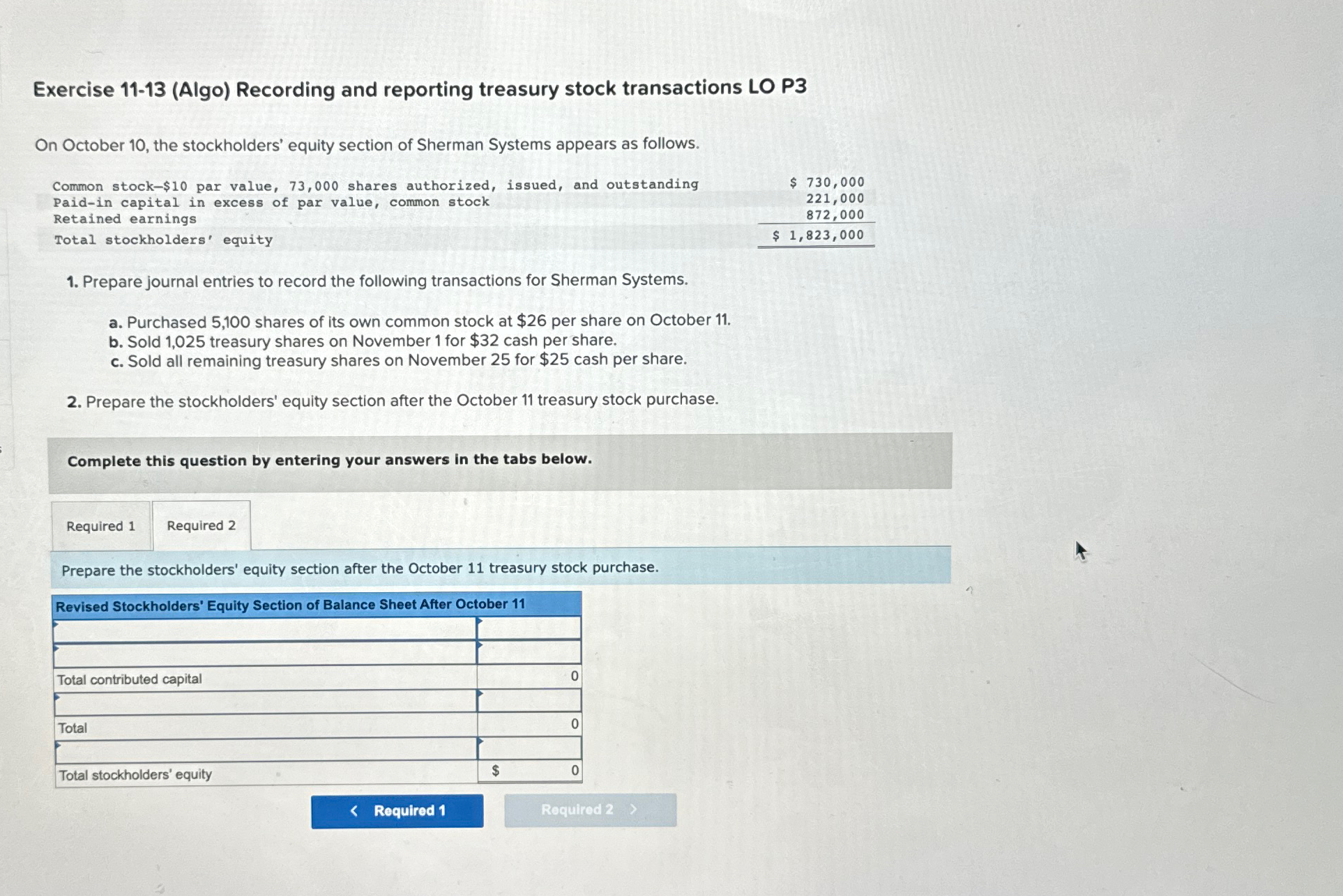 Solved Exercise 11-13 (Algo) ﻿Recording and reporting | Chegg.com