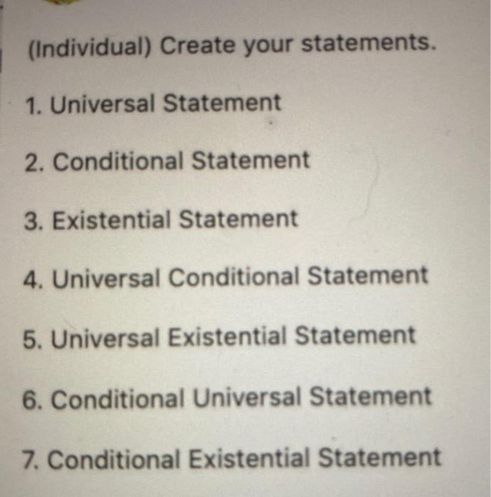 Solved (Individual) Create your statements. 1. Universal | Chegg.com