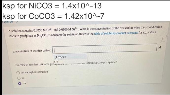 Solved ksp for NiCO3 = 1.4x10^-13 ksp for COCO3 = 1.42x10^-7 | Chegg.com