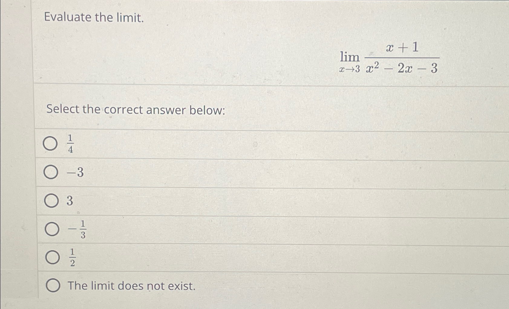 Solved Evaluate the limit.limx→3x+1x2-2x-3Select the correct | Chegg.com