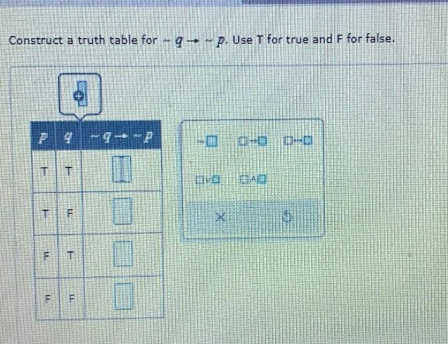Solved Construct a truth table for ∼q→−p. Use T for true and | Chegg.com