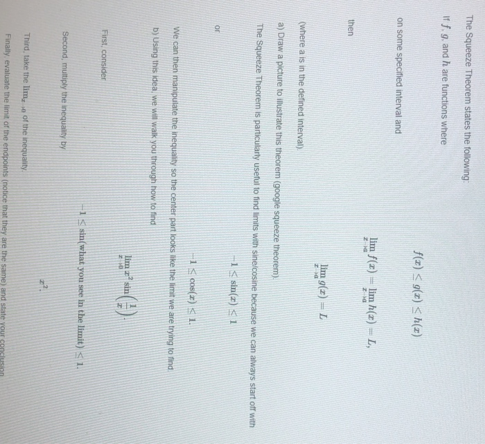 Solved The Squeeze Theorem states the following: If f. g. | Chegg.com