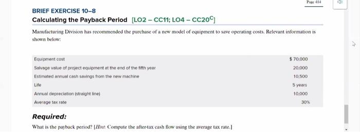 Solved BRIEF EXERCISE 10-8 Calculating the Payback Period | Chegg.com