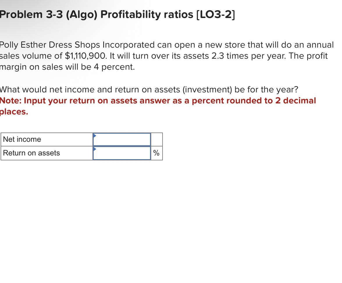 Solved Problem 3-3 (Algo) ﻿Profitability ratios [LO3-2]Polly | Chegg.com