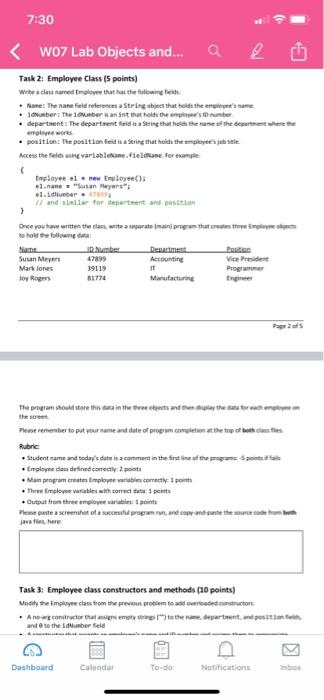 Solved 7 30 W07 Lab Objects And A Task 2 Employee Class