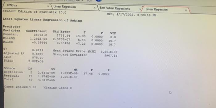 Solved HW3. Linear Regression Student Edition of Statistix | Chegg.com