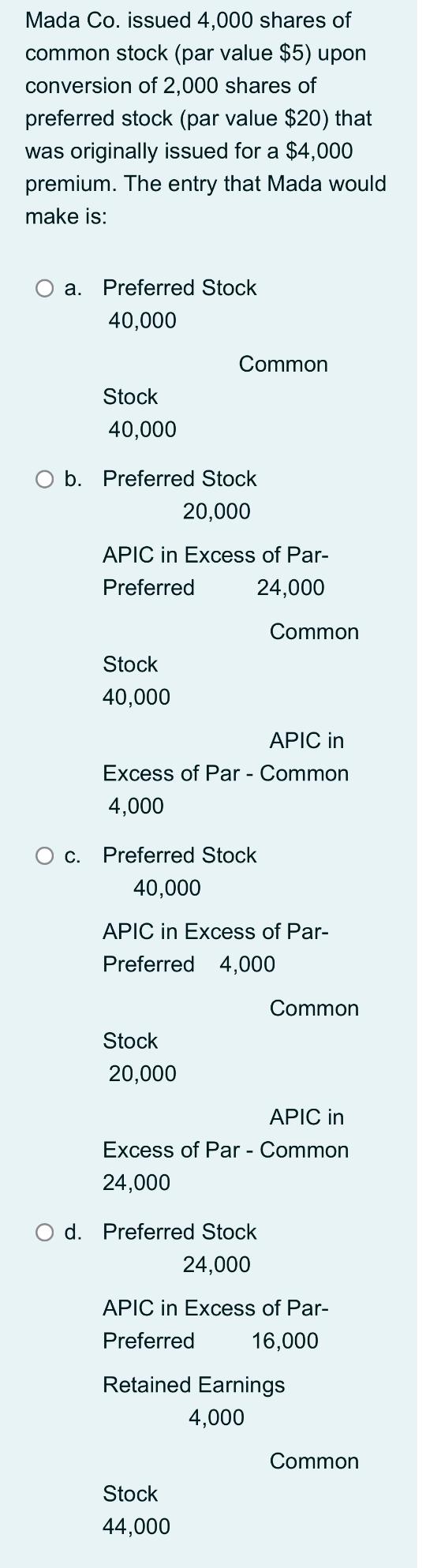 Solved Mada Co. ﻿issued 4,000 ﻿shares of common stock (par | Chegg.com