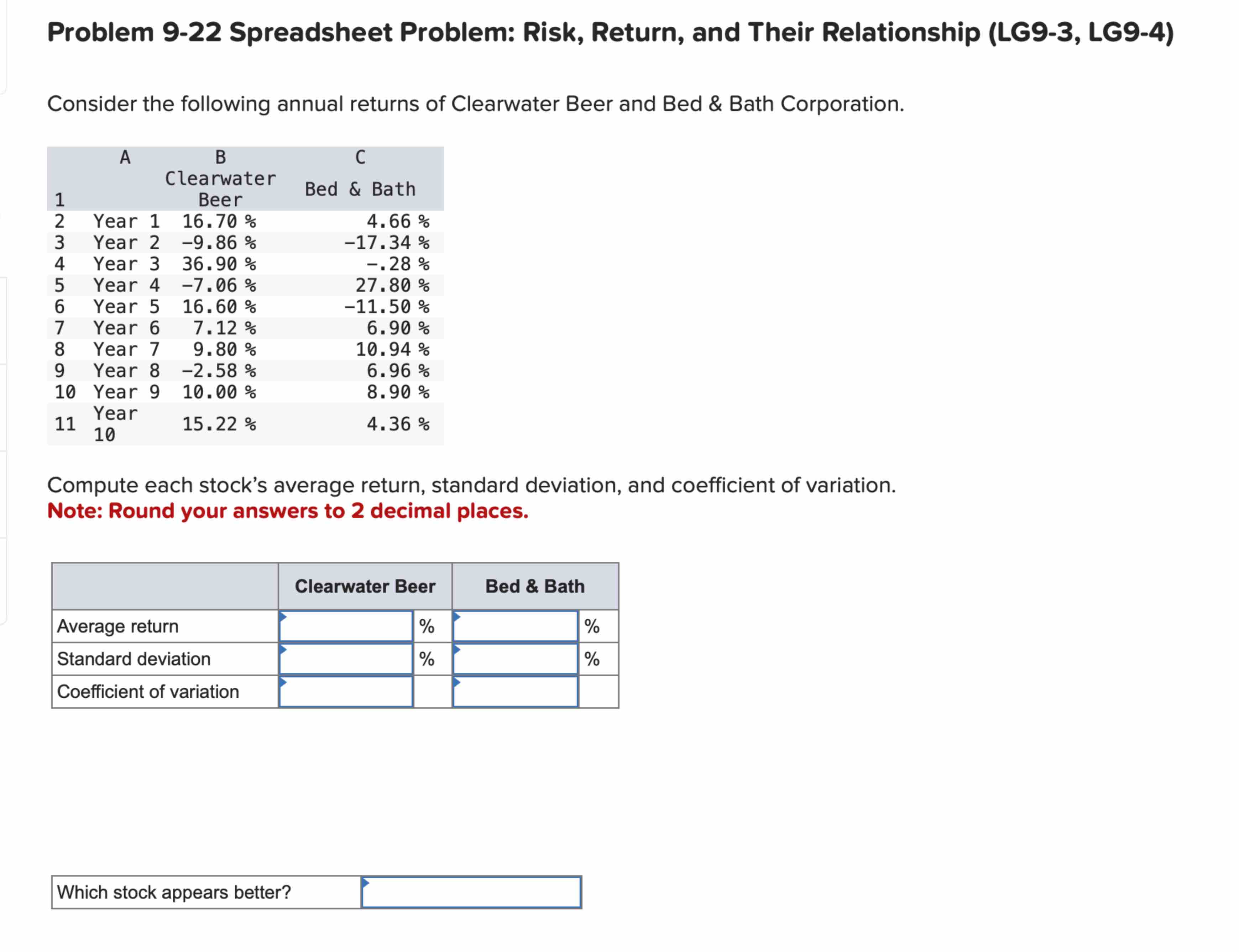 Solved Problem 9-22 ﻿Spreadsheet Problem: Risk, Return, and | Chegg.com