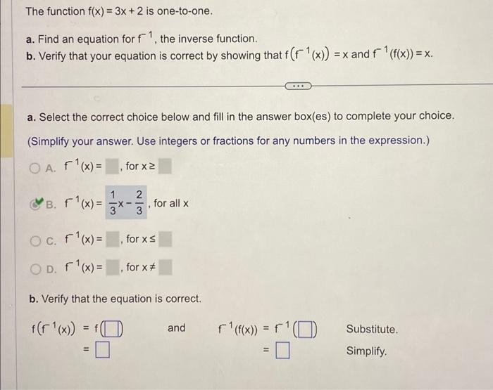 Solved The function f(x)=3x+2 is one-to-one. a. Find an | Chegg.com