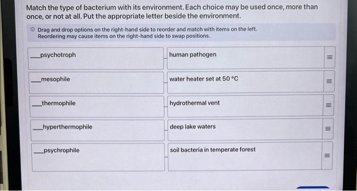 Solved Match the type of bacterium with its environment. | Chegg.com