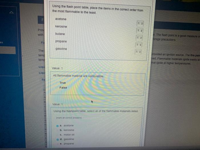 Solved Using the flash point table, place the items in the | Chegg.com