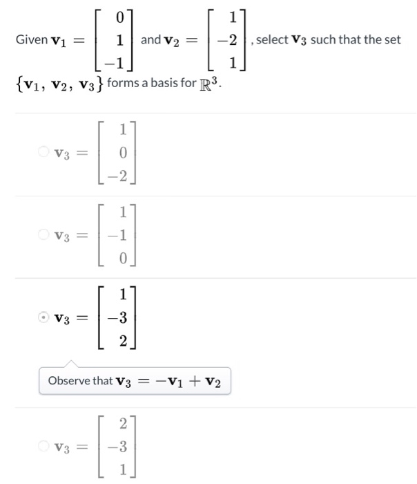 Solved --------- Given V1 = 1 and V2 = -2, select V3 such | Chegg.com