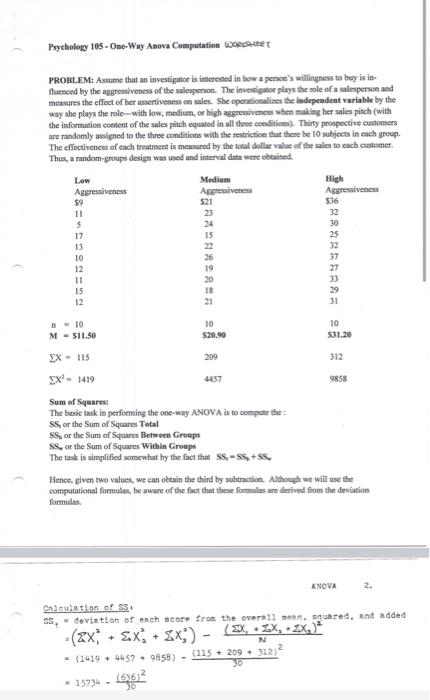 Solved Psychology 105 - One-Way Anova Computation Worestite | Chegg.com
