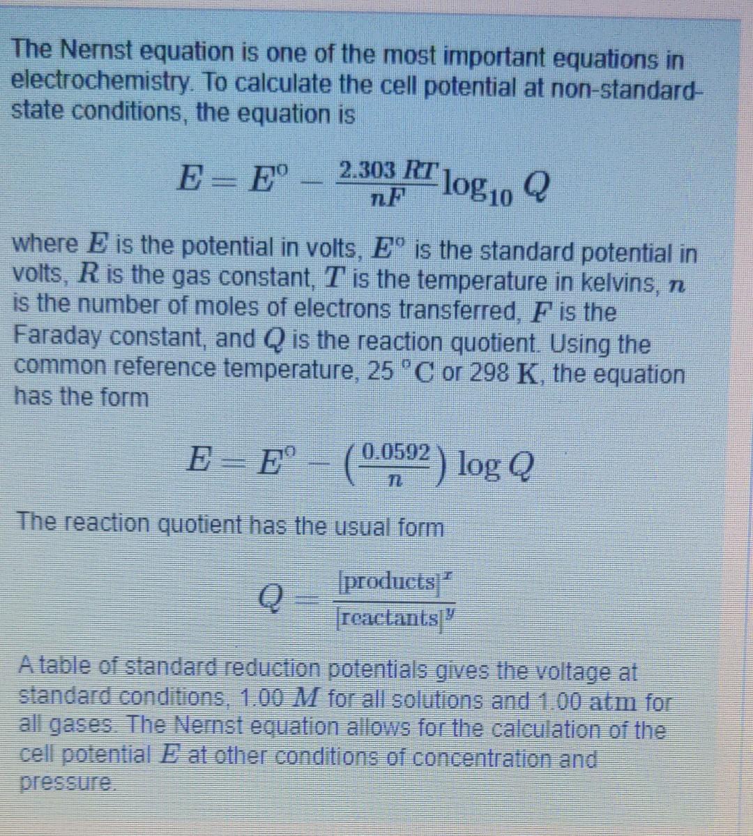 Solved The Nernst equation is one of the most important | Chegg.com